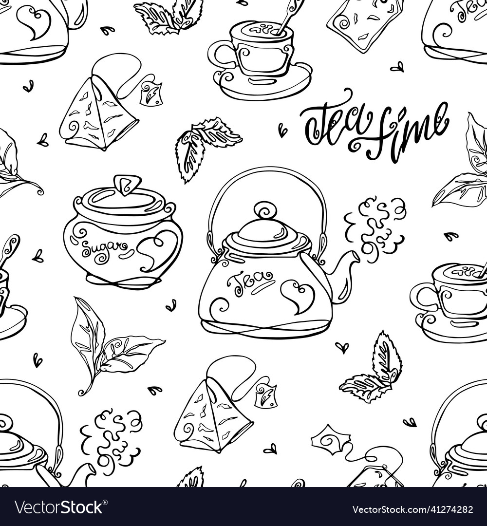 Tea time seamless pattern hand-drawn background Vector Image