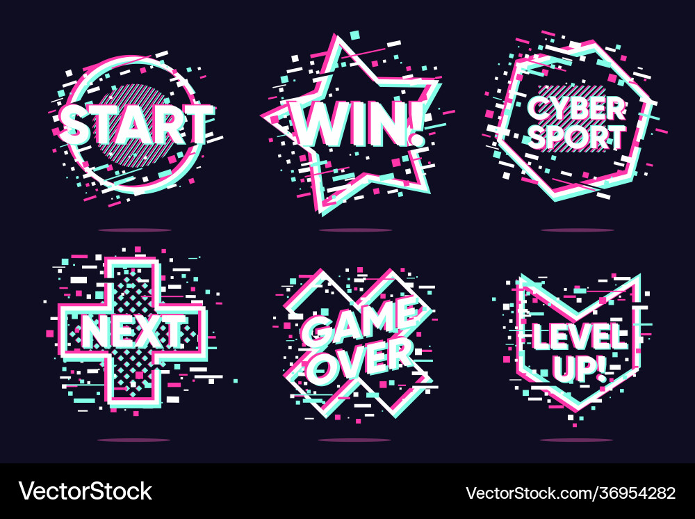 Video game icons glitch style lable set Royalty Free Vector