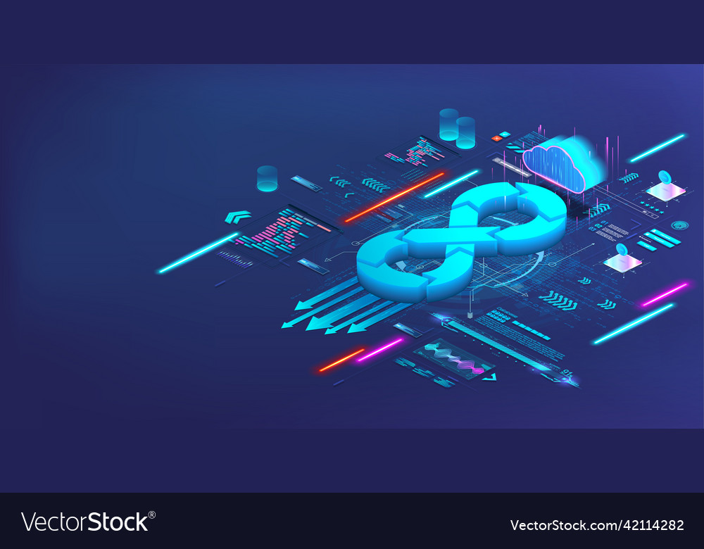 Web banner devops processing concept Royalty Free Vector