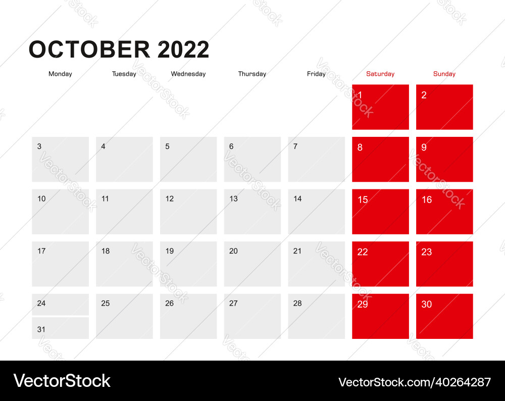 2022 october planner calendar design week starts Vector Image