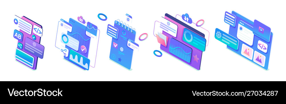 Isometric sets concepts screens smartphones Vector Image