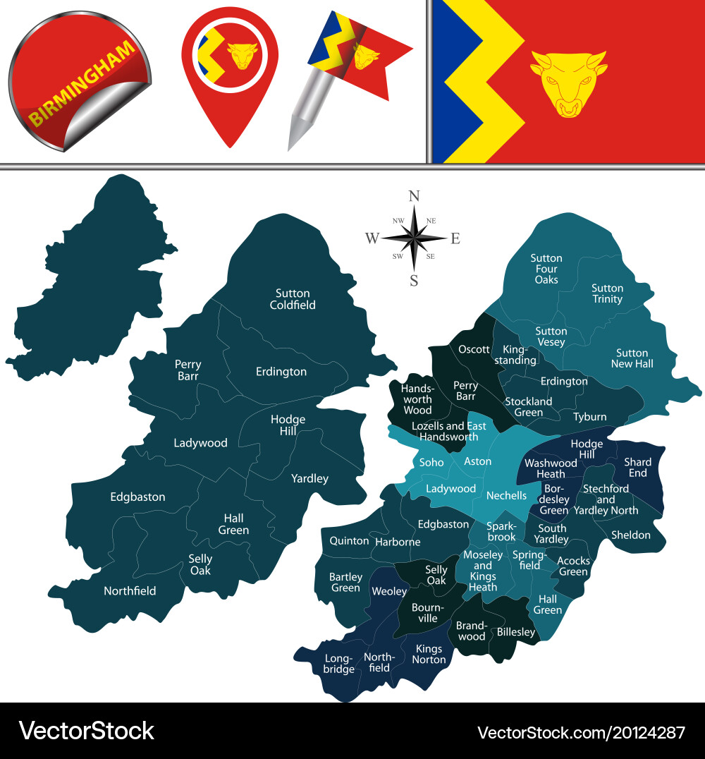 Map of birmingham with named divisions Royalty Free Vector