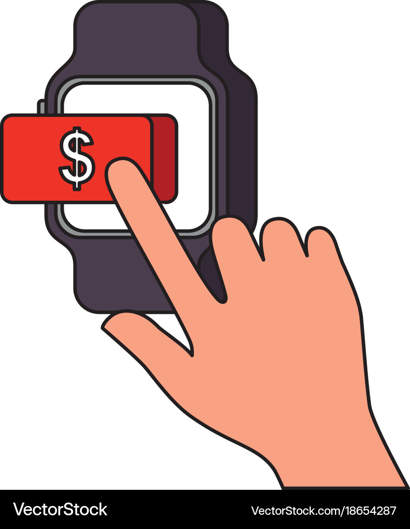 Smart watch with hand and finger pointing at pay Vector Image