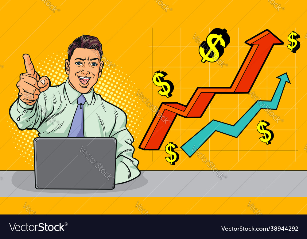 Business man with laptop pointing hand with arrow Vector Image
