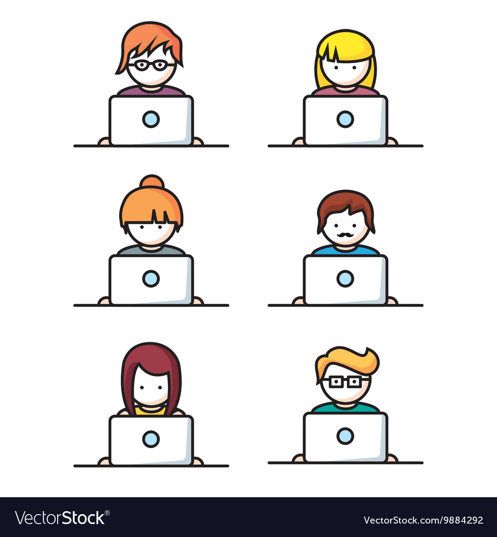 Set of people with computer icons in line style Vector Image