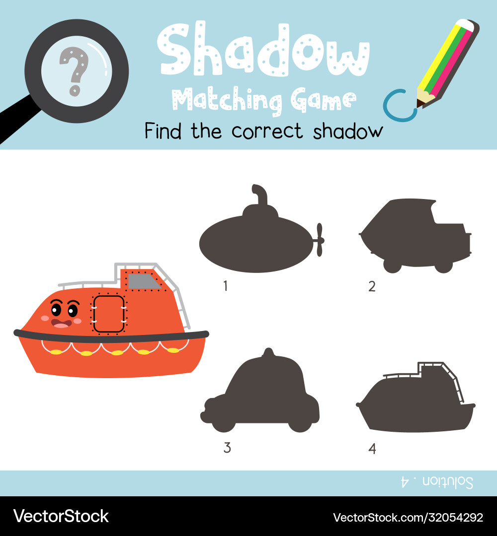 Shadow matching game lifeboat cartoon character Vector Image