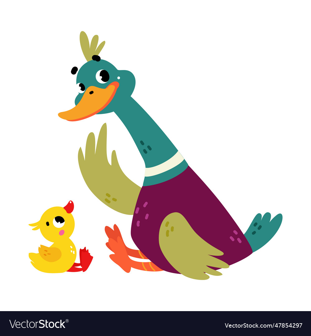 Funny dabbling duck character sitting with little Vector Image