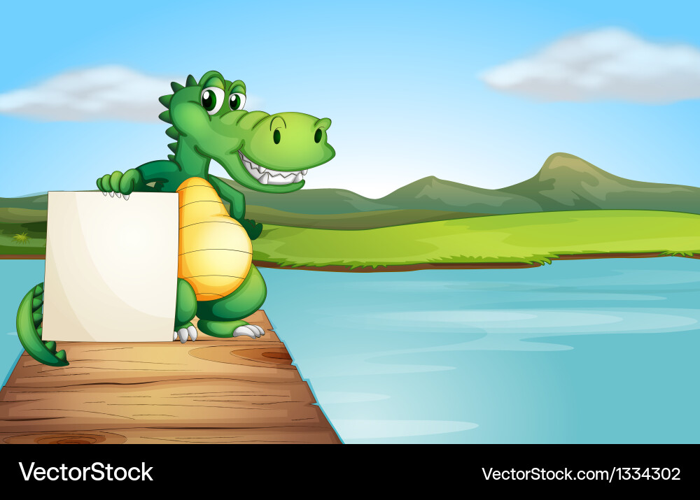 An alligator holding an empty board at wooden Vector Image
