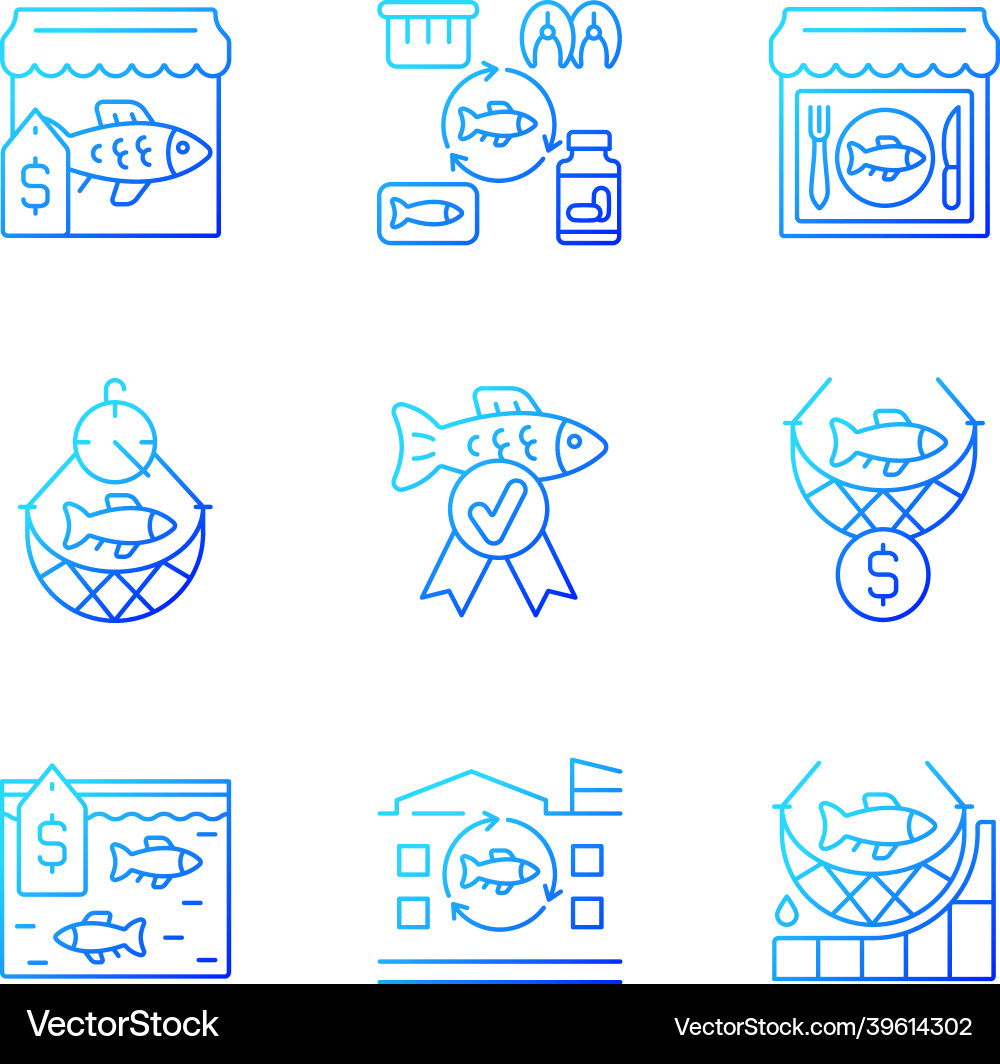 Commercial fishery gradient linear icons set Vector Image