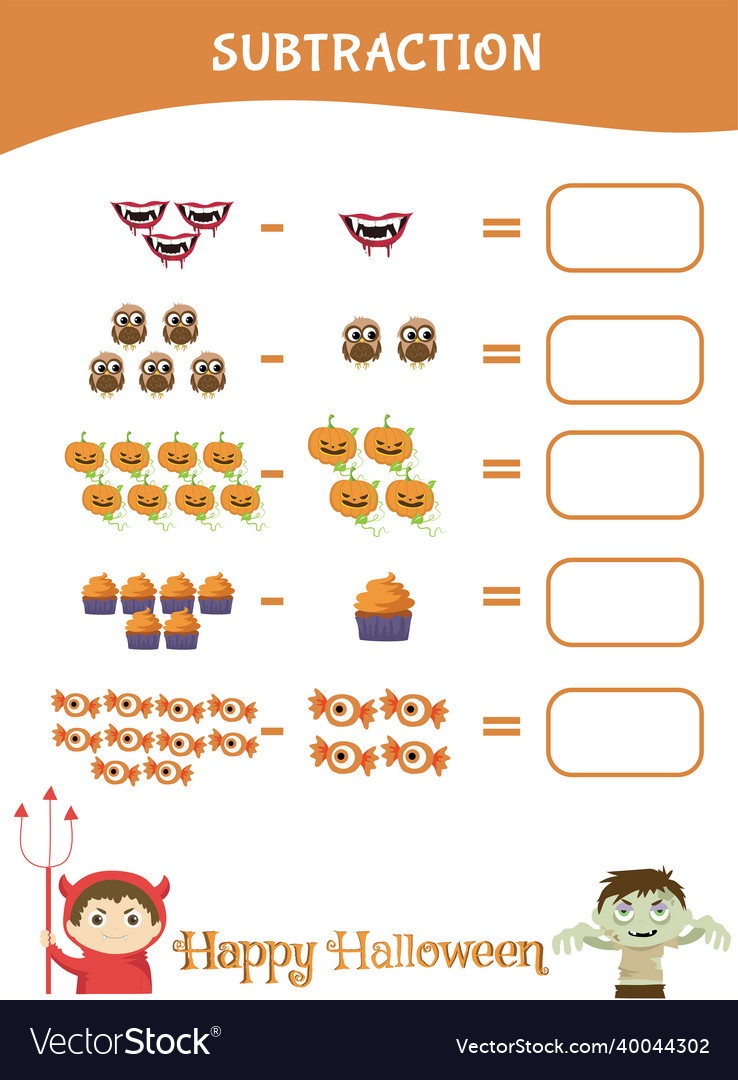 Math subtraction worksheet with halloween theme Vector Image