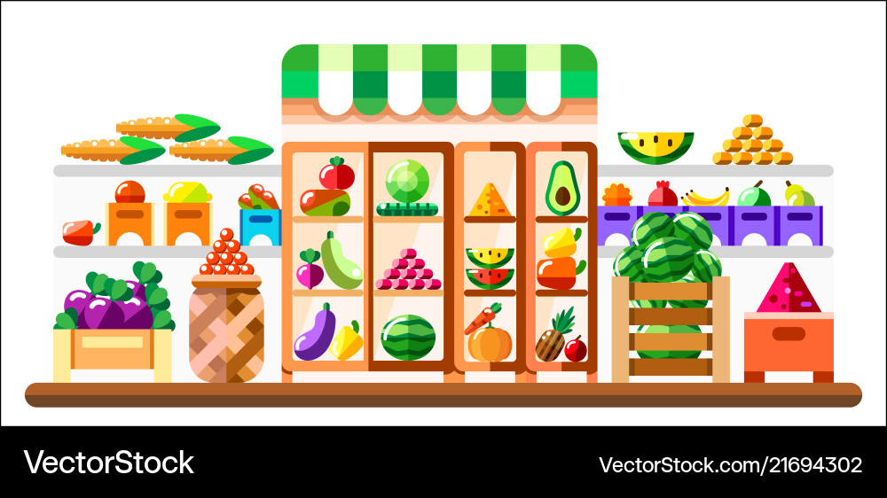 Vegetable shop indoor with showcase and Royalty Free Vector