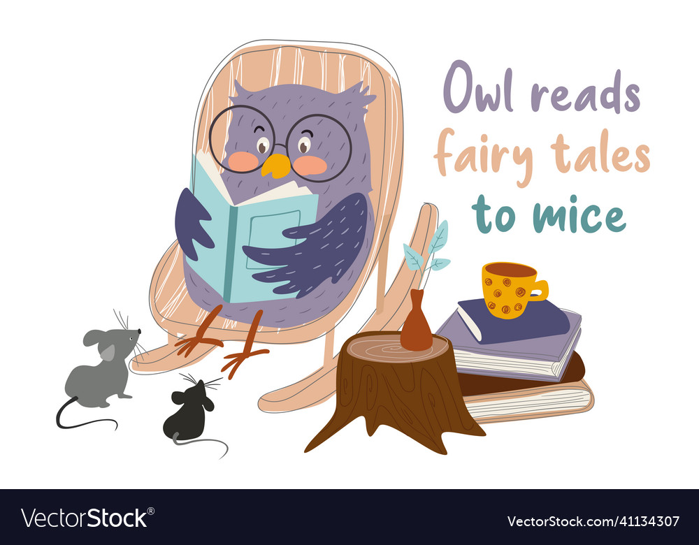 Owl reads fairy tales to mice concept background Vector Image