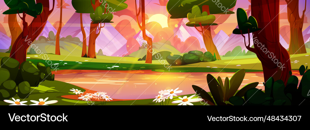 Sunset on forest lake with mountain view cartoon Vector Image