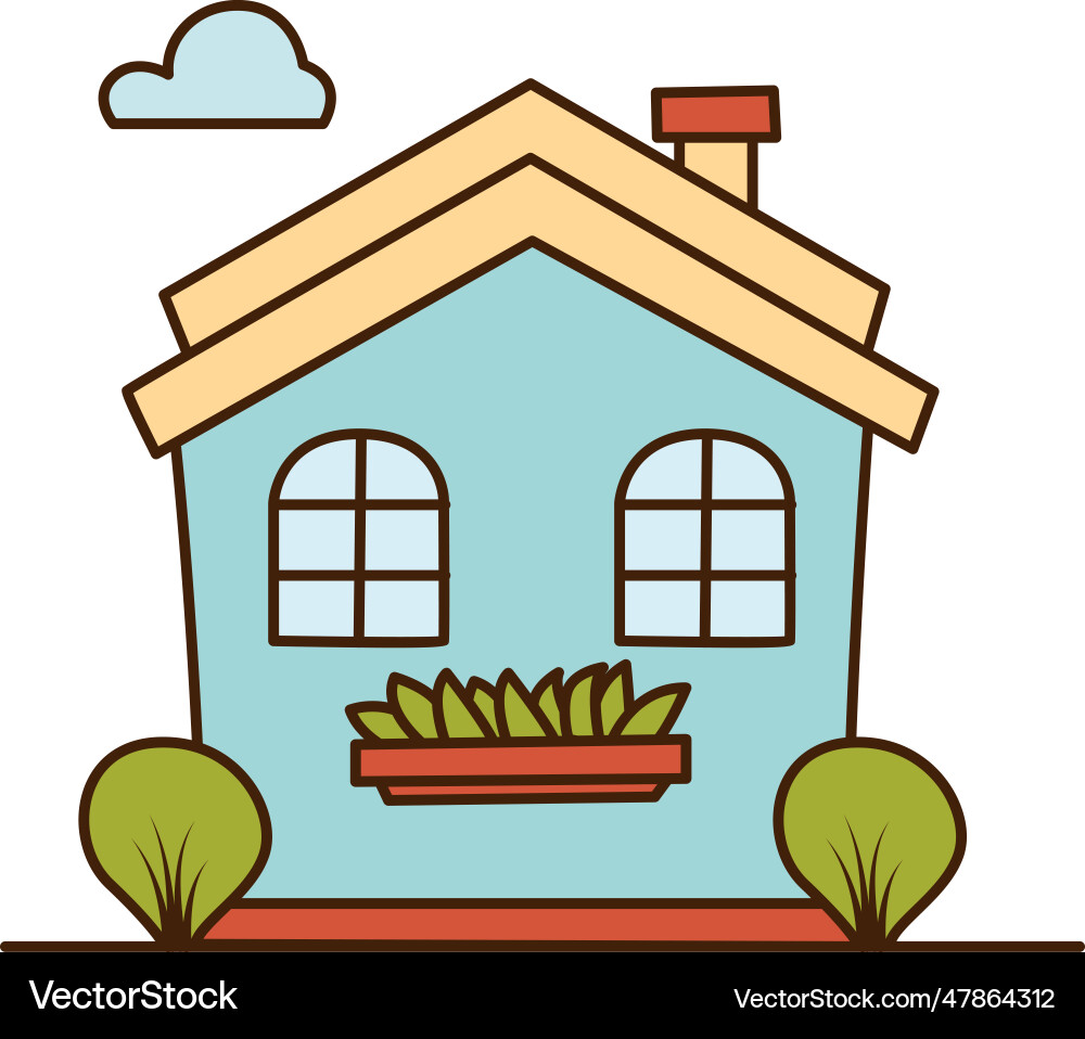 Blue house with two windows and bushes icon Vector Image