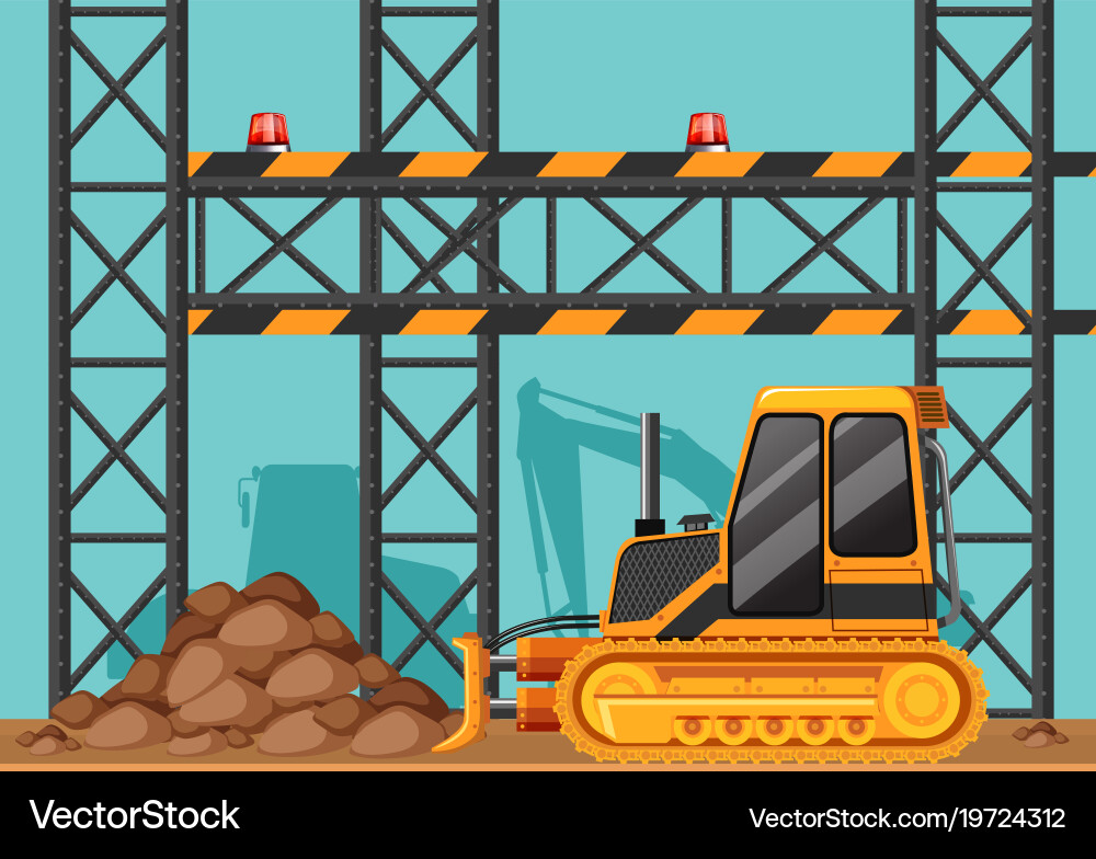 Construction site with bulldozer and metal bars Vector Image