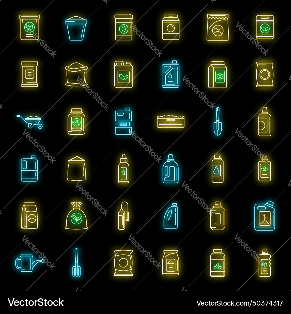 Bio fertilizer icons set neon Royalty Free Vector Image