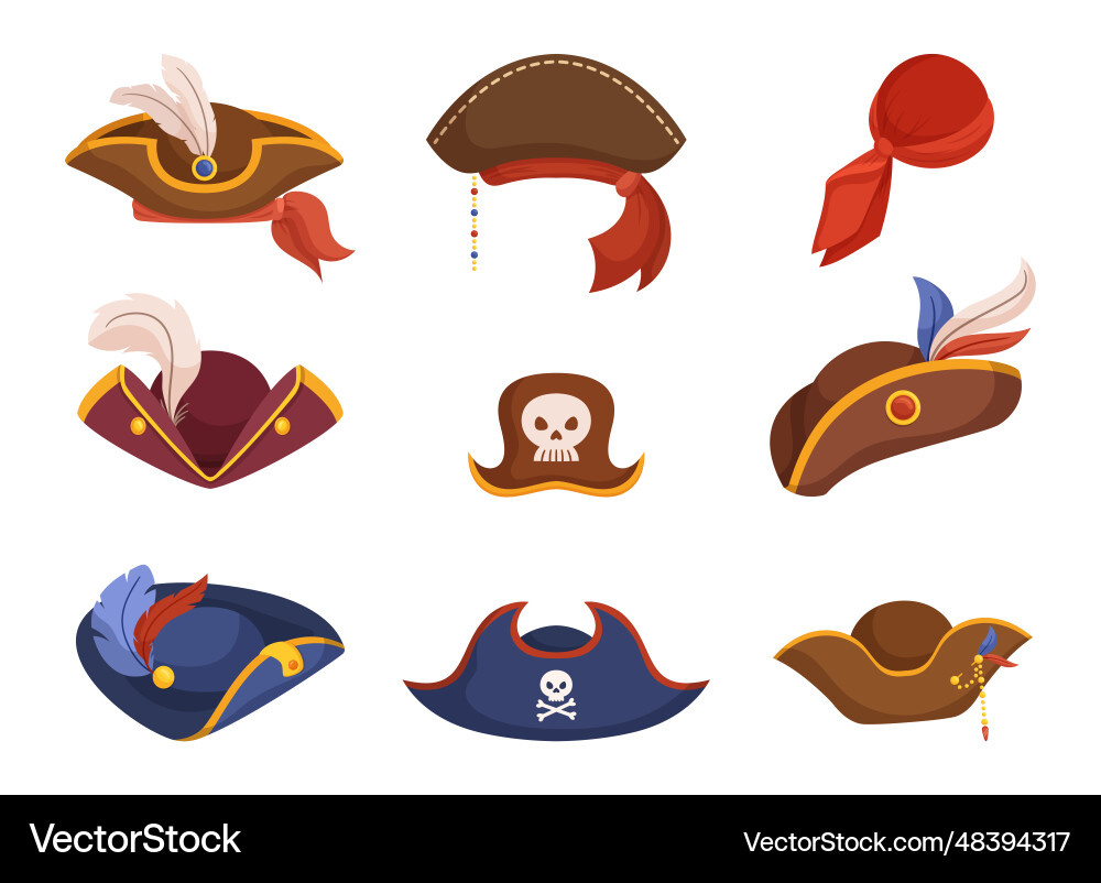 Iconic pirate hats adorned with feathers skulls Vector Image