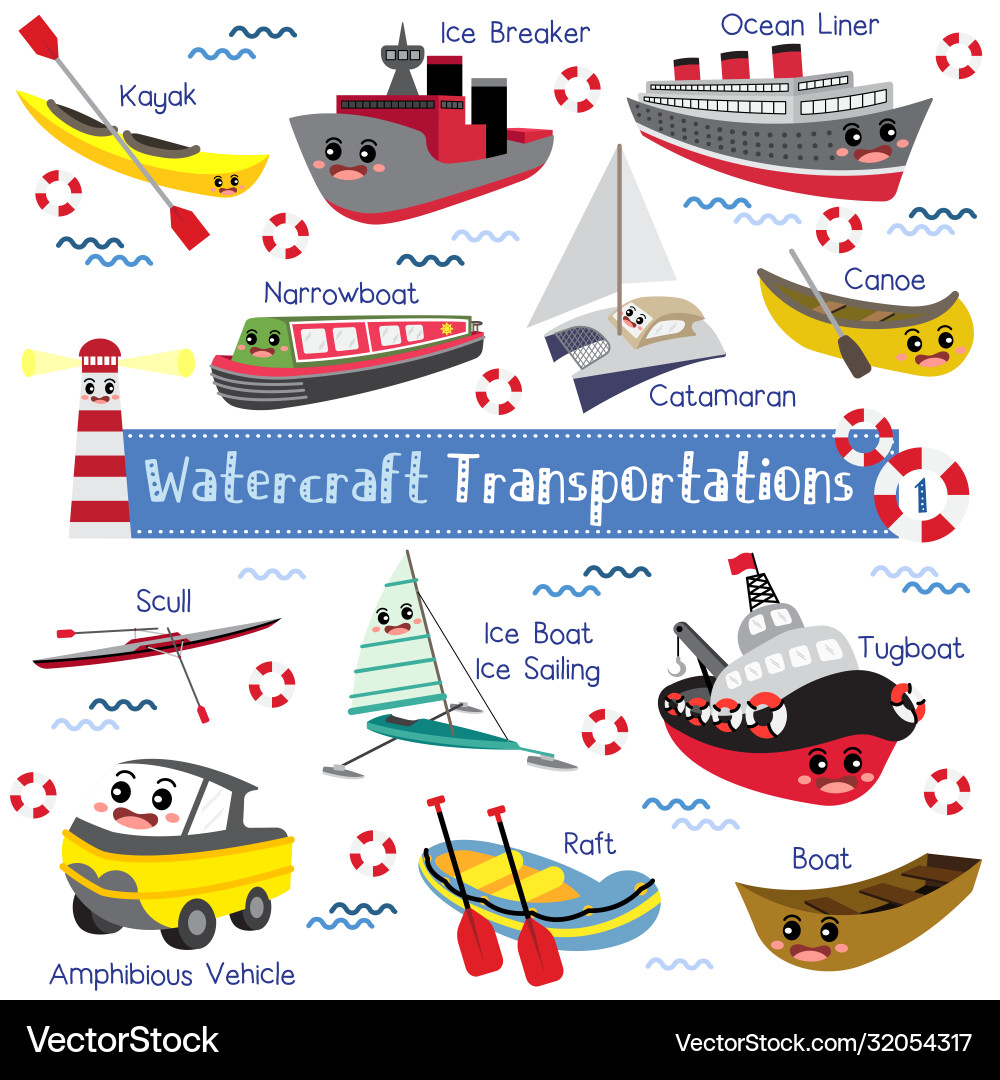 Watercraft transportations cartoon set Royalty Free Vector