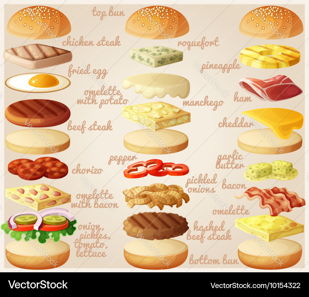 Burgers set ingredients buns cheese bacon Vector Image