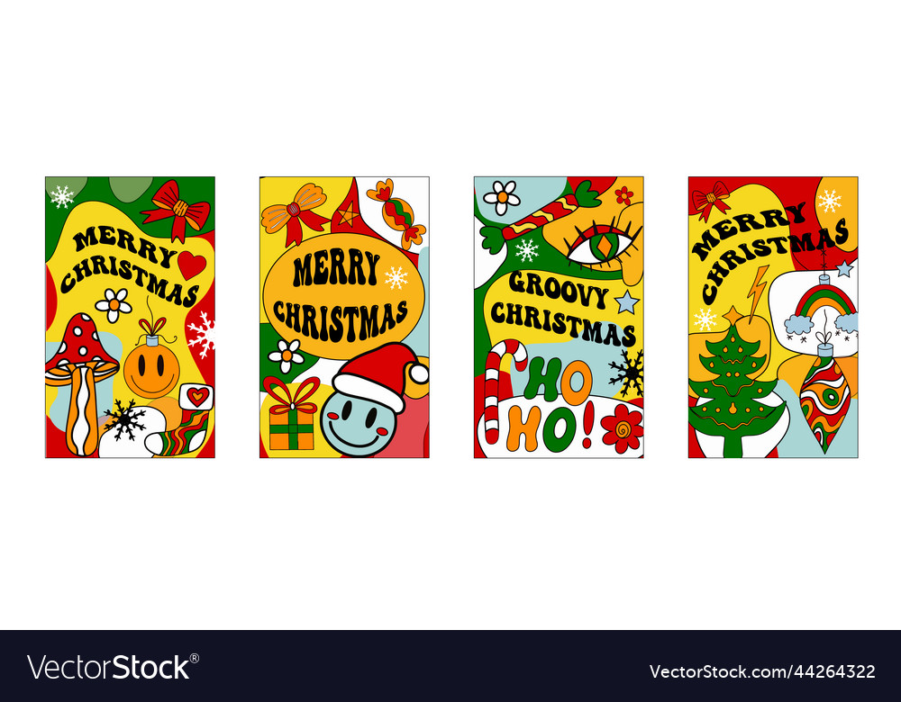 Groovy christmas cards in retro 70s style merry Vector Image