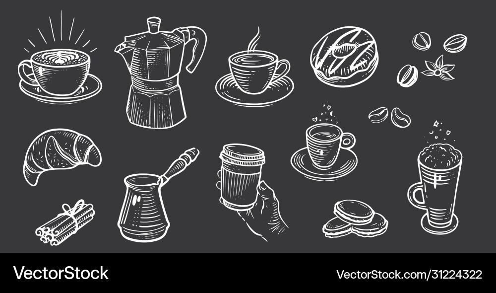 Set coffee in retro style drawing with chalk Vector Image