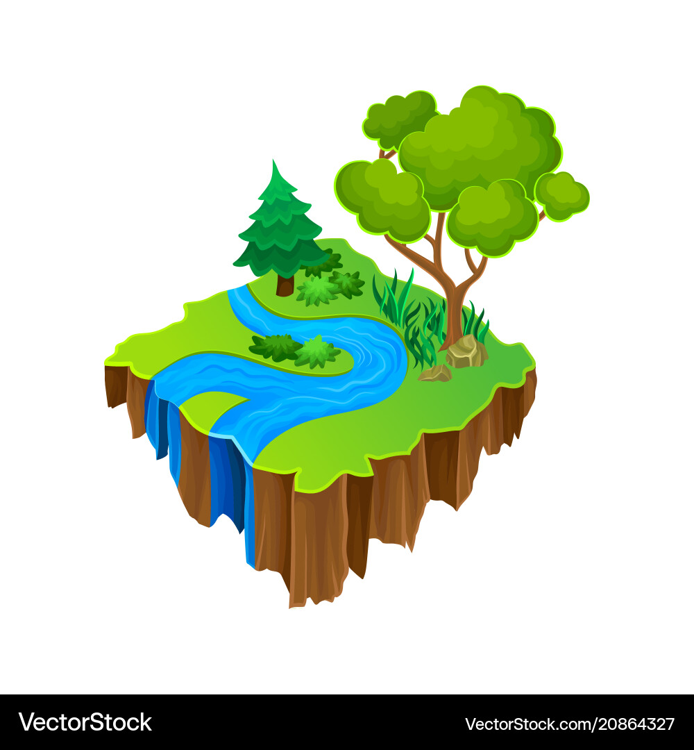 Isometric island with blue river green grass Vector Image