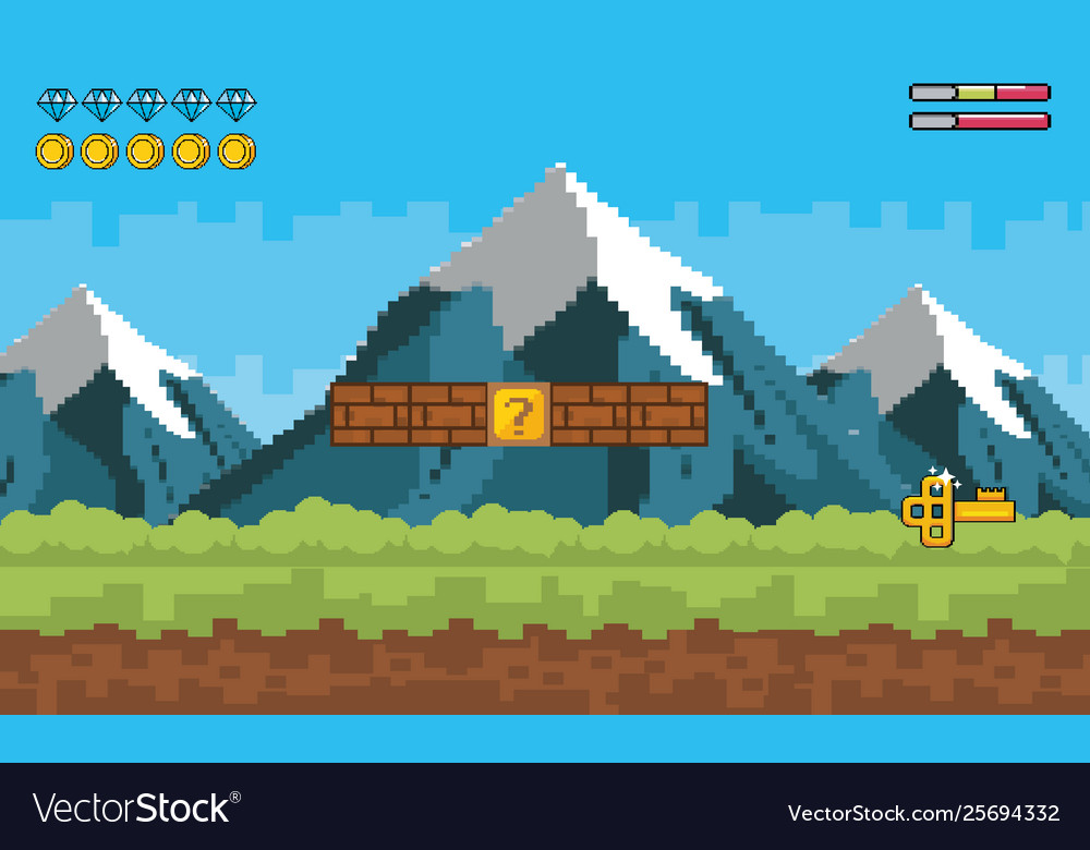 Arcade game world and pixel scene design Vector Image