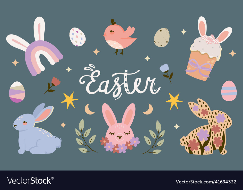 Happy easter clipart bunnies eggs Royalty Free Vector Image