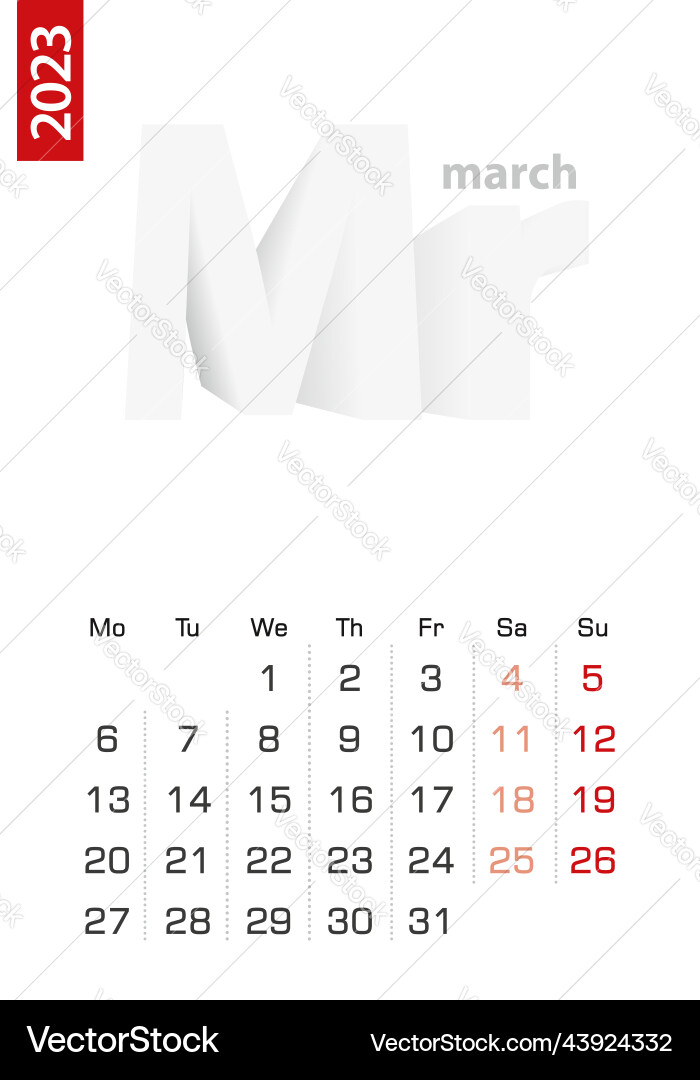 Minimalist calendar template for march 2023 Vector Image