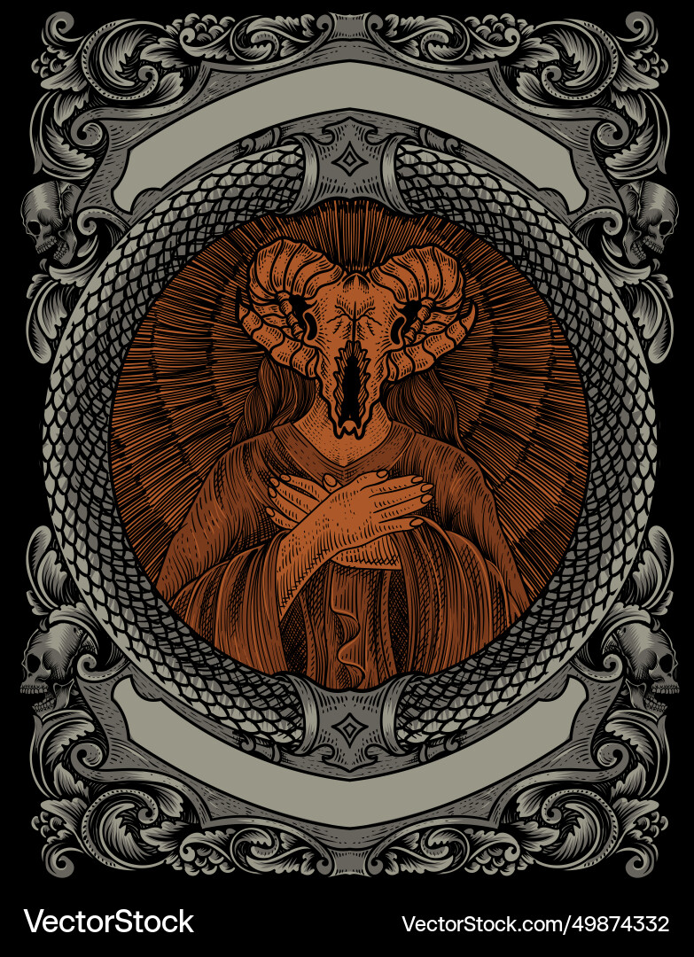 Satan goat skull with engraving ornament frame Vector Image