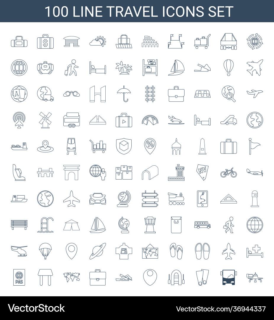 100 travel icons Royalty Free Vector Image - VectorStock