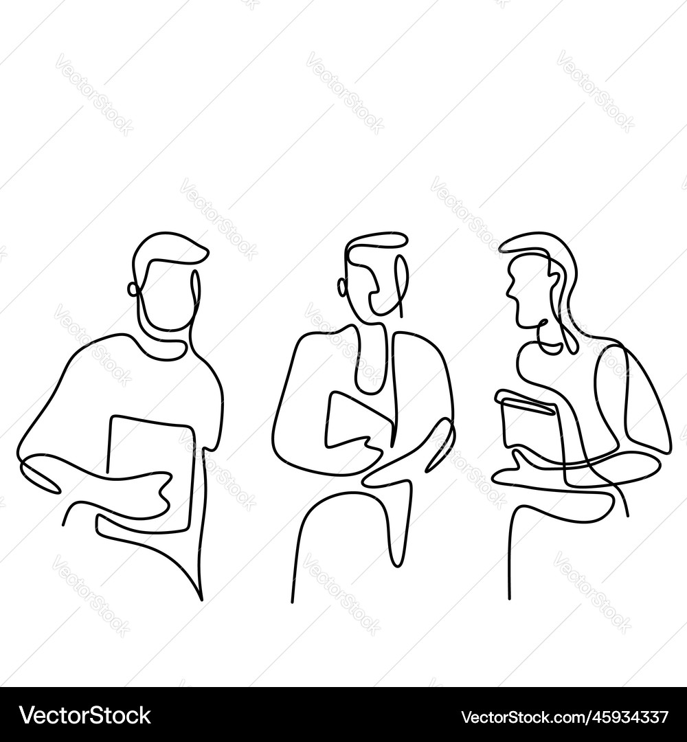 One continuous line drawing of three young man Vector Image