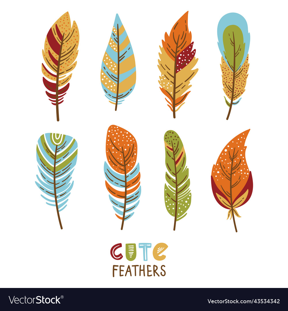 Colorful hand drawn bird feathers icons set Vector Image