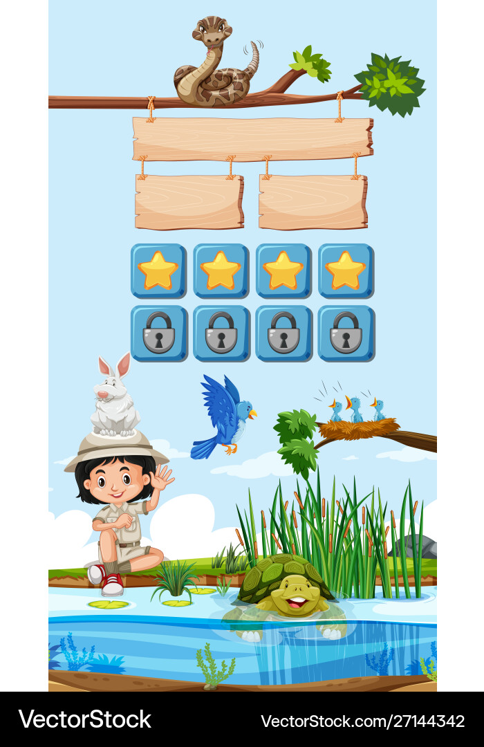 Game template with kid and animals in background Vector Image
