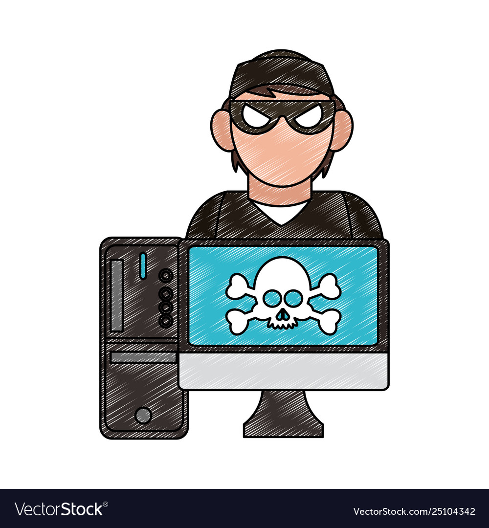 Hacker on computer scribble Royalty Free Vector Image