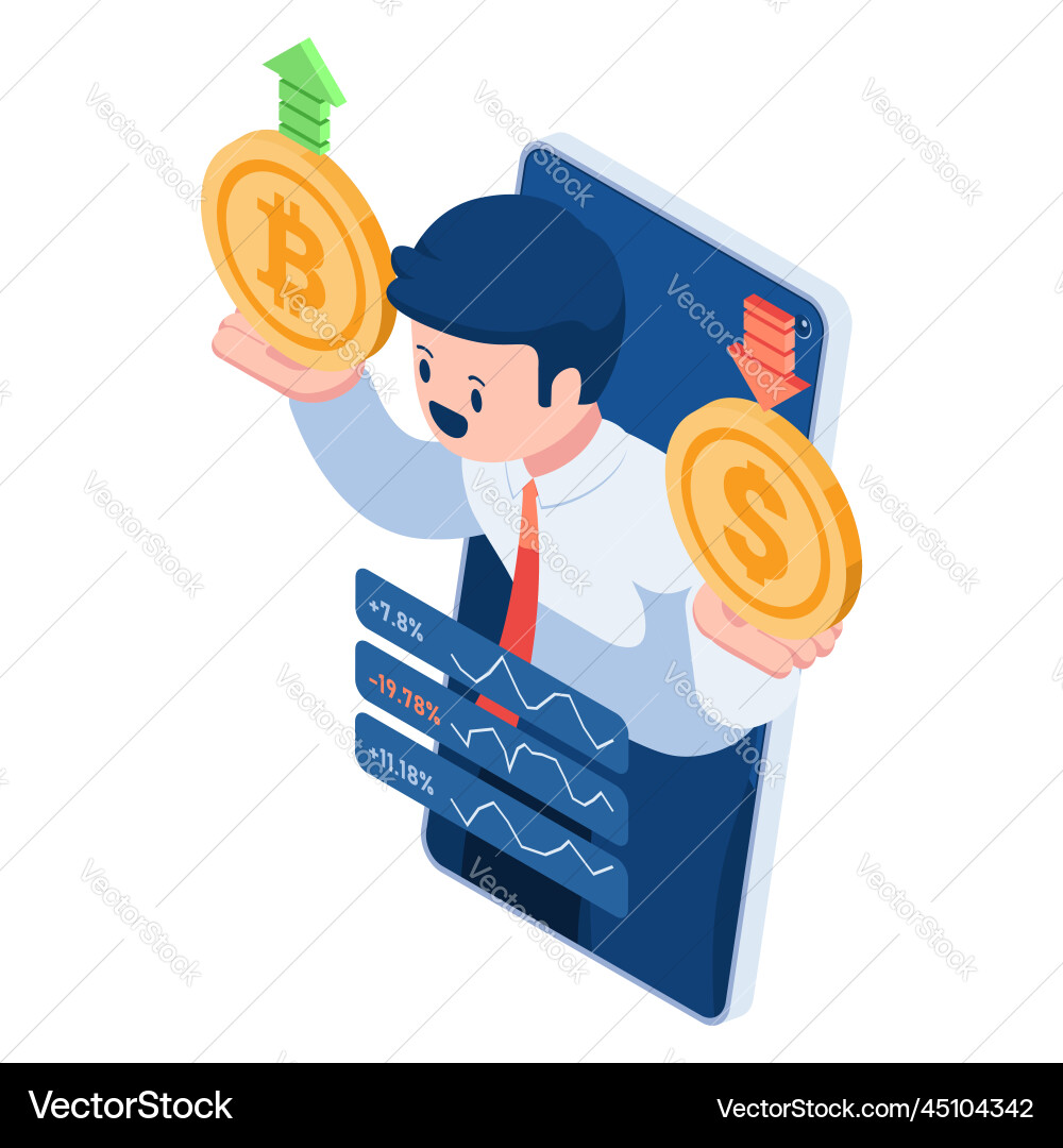 Isometric businessman or trader holding bitcoin Vector Image
