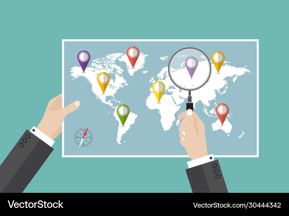Man hold world map with travel objective pins Vector Image