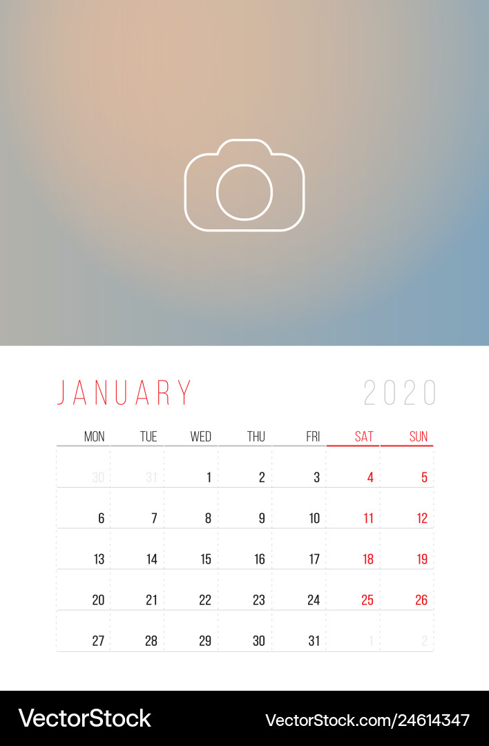 Calendar 2020 week starts on monday Royalty Free Vector