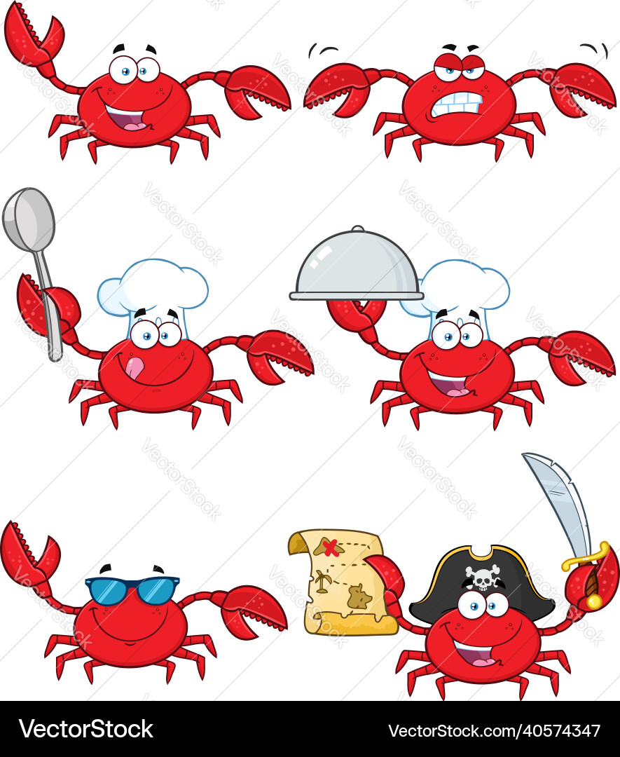 Crab cartoon character set 3 collection Royalty Free Vector