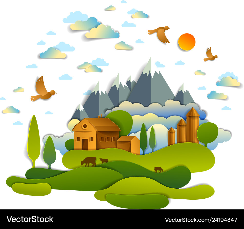 Farm in scenic landscape fields and trees Vector Image