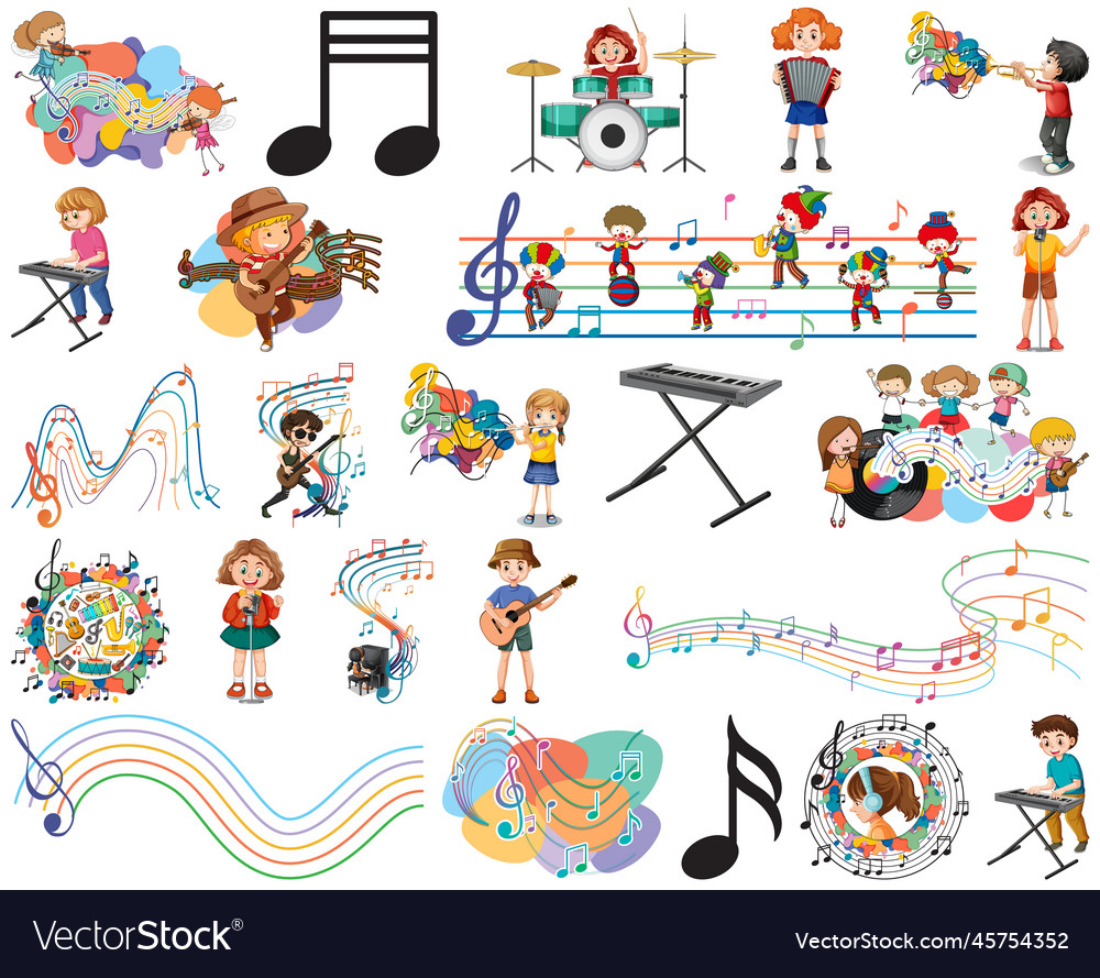 Kids musical instruments and music symbols set Vector Image
