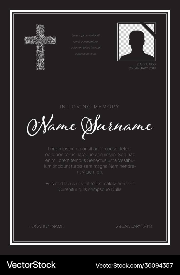 Black funeral death notice card template Vector Image