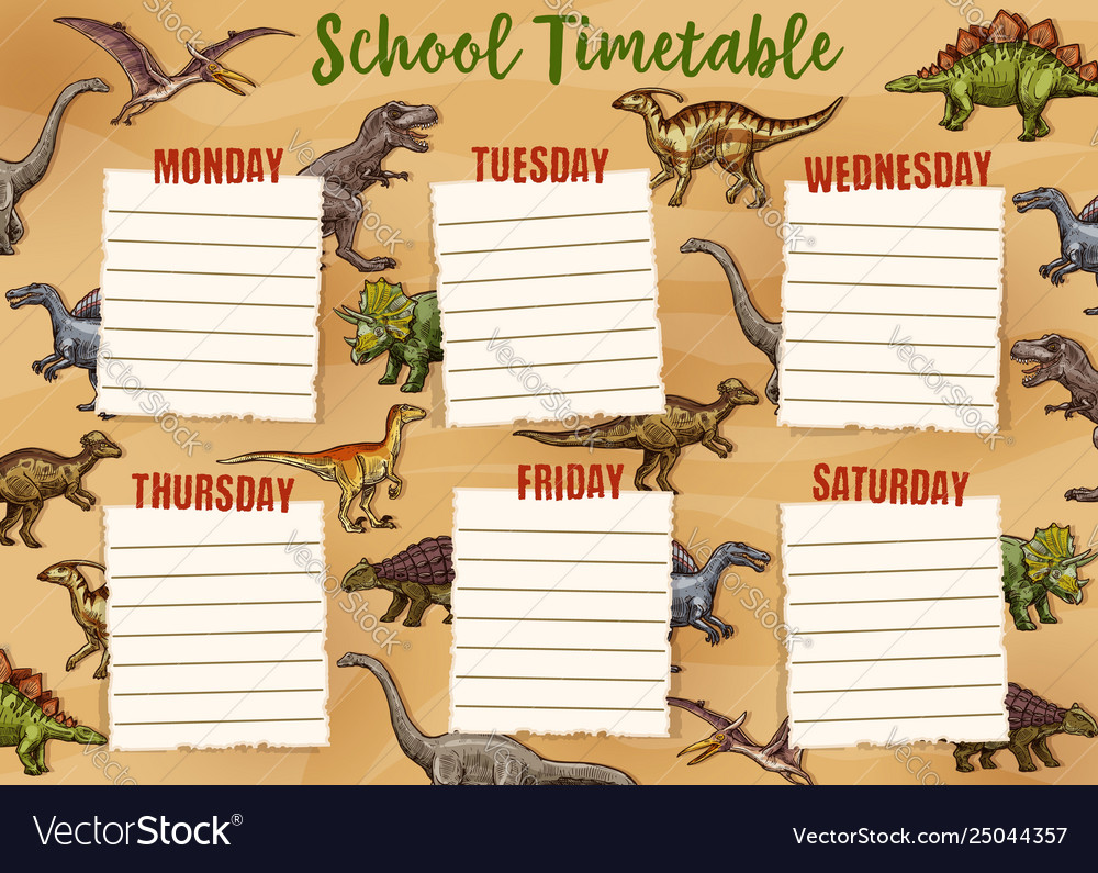 Schedule with dinosaurs on whole week timetable Vector Image