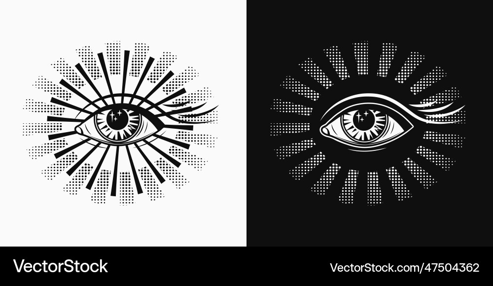 All seeing eye with halftone radial beams Vector Image