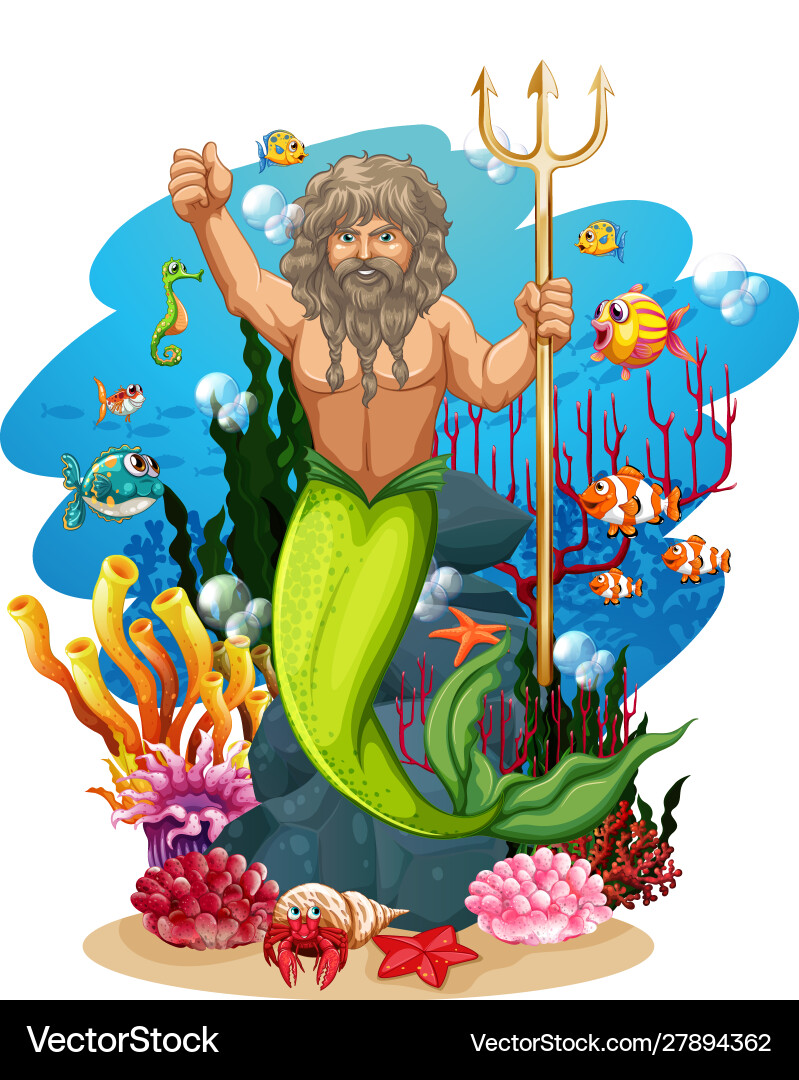 Merman and many fish under ocean Royalty Free Vector Image
