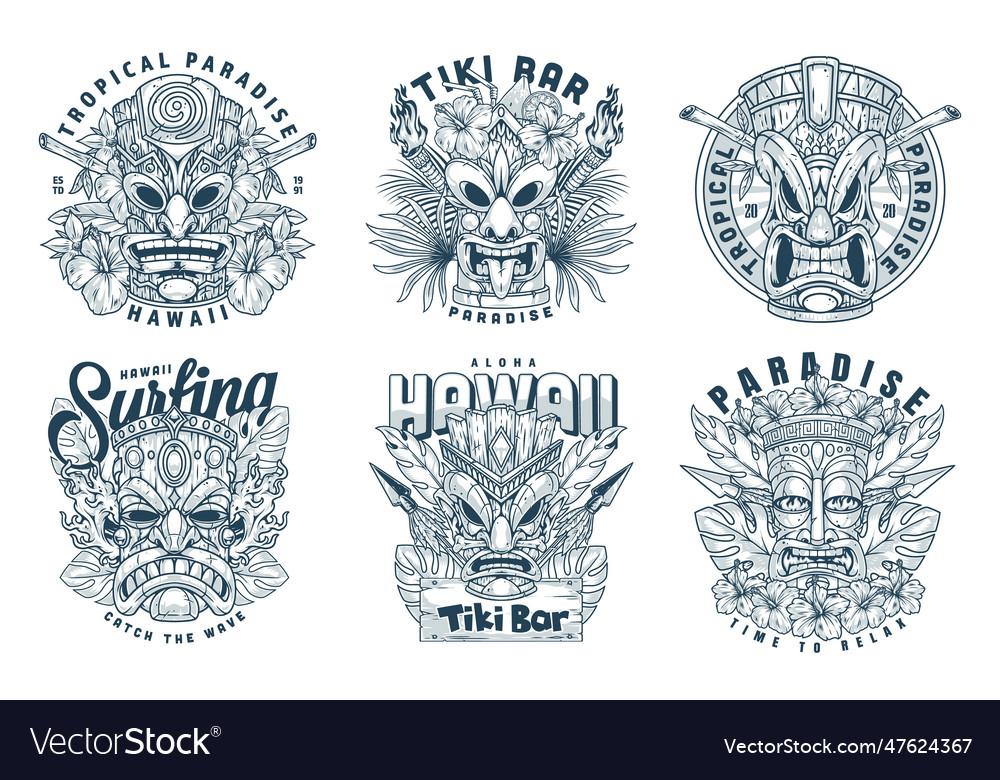 Tiki totems monochrome set logotypes Royalty Free Vector
