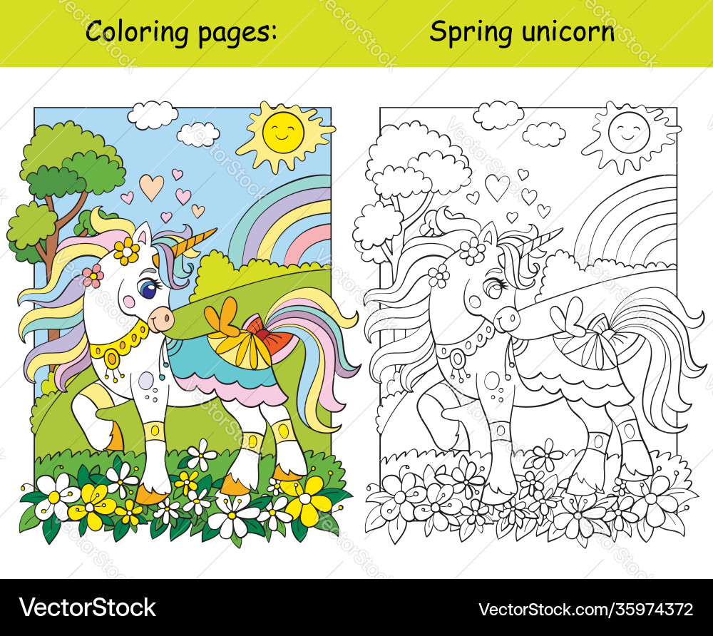 Cute unicorn on spring blooming meadow coloring Vector Image