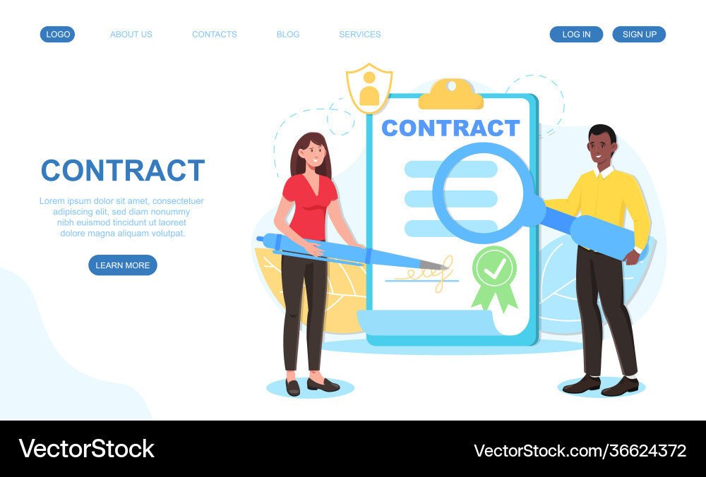 Female character signing contract on clipboard Vector Image