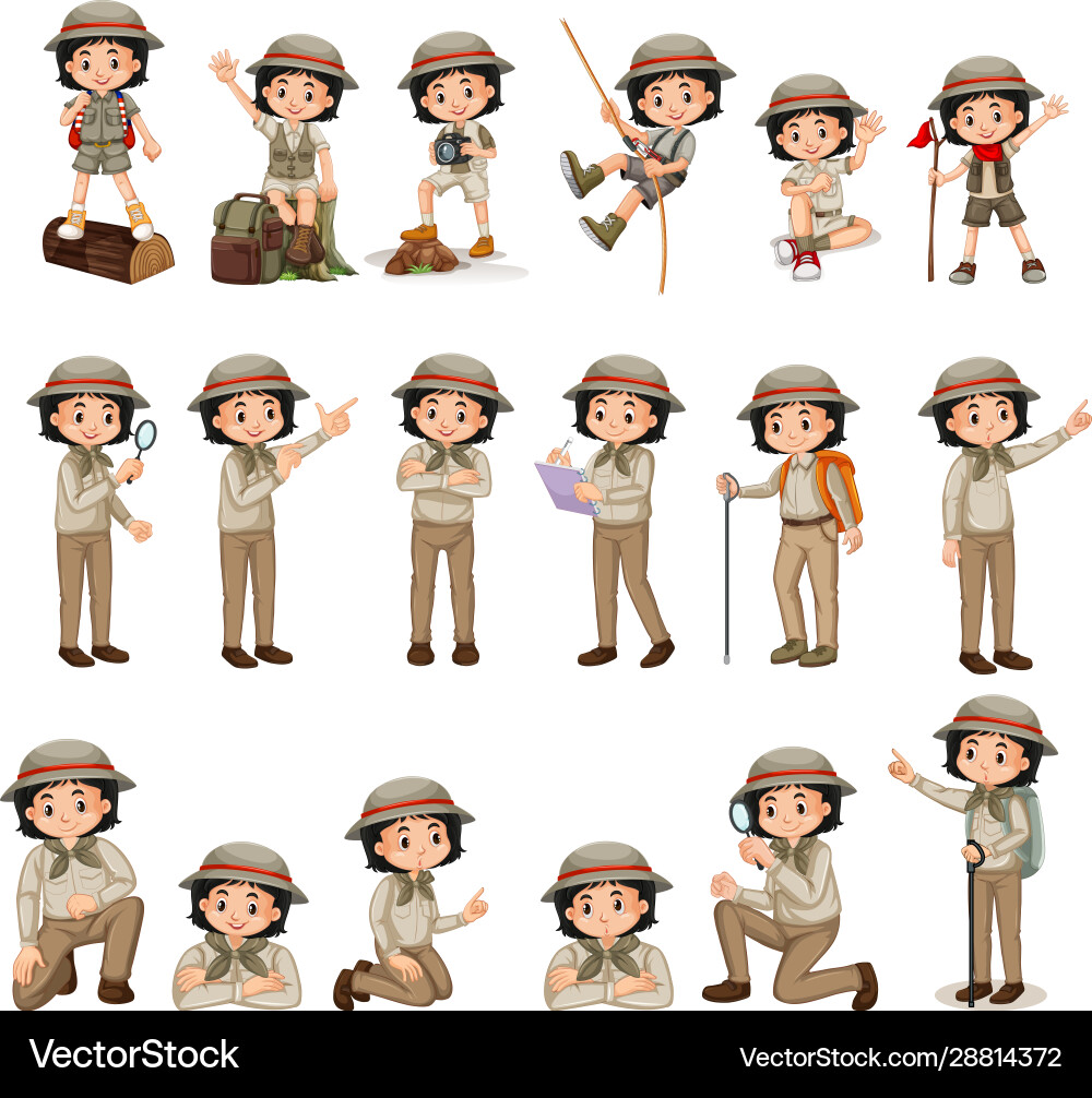 Girl in scout uniform doing different activities Vector Image