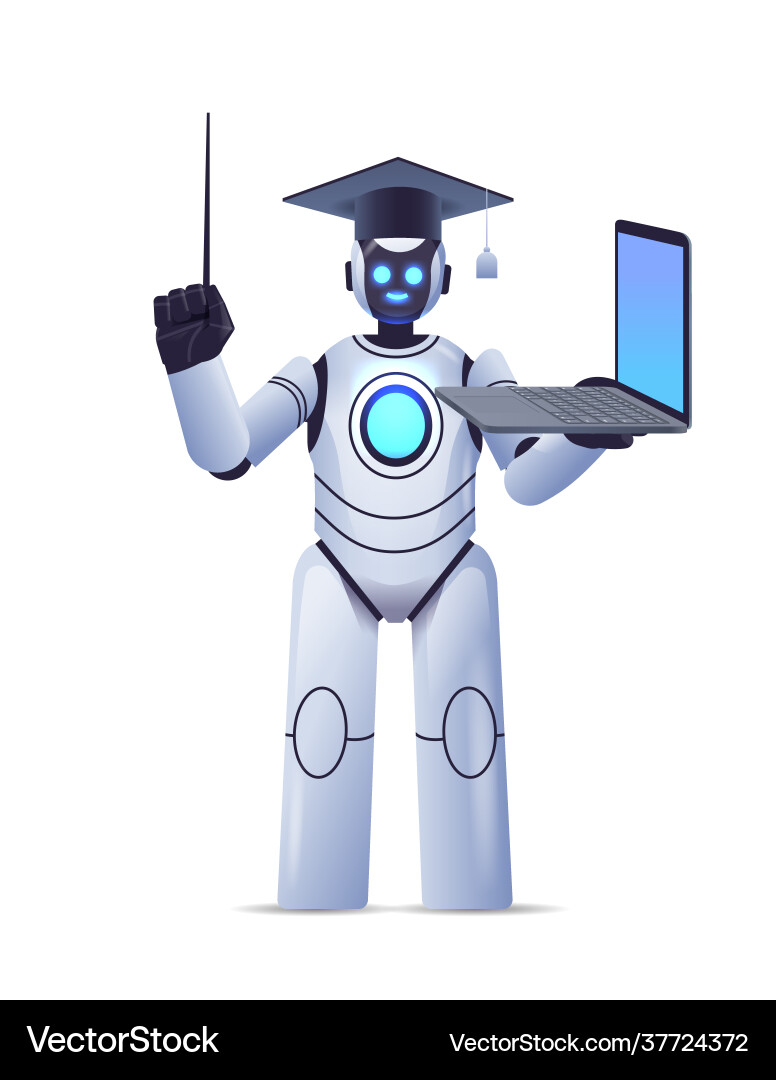 Modern robot teacher in graduation cap holding Vector Image